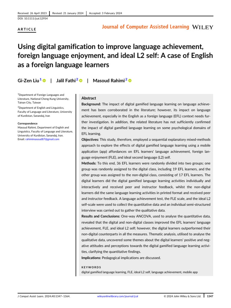 Computer_Assisted_Learning_2024_Liu_Using_digital_gamification_to | PDF | Learning | Flow ...