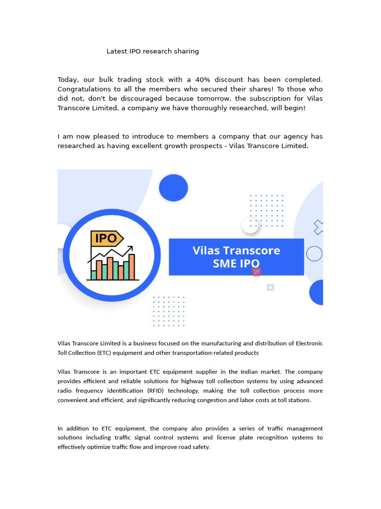 Vilas Transcore Limited IPO Insights | PDF | Stocks | Toll Road