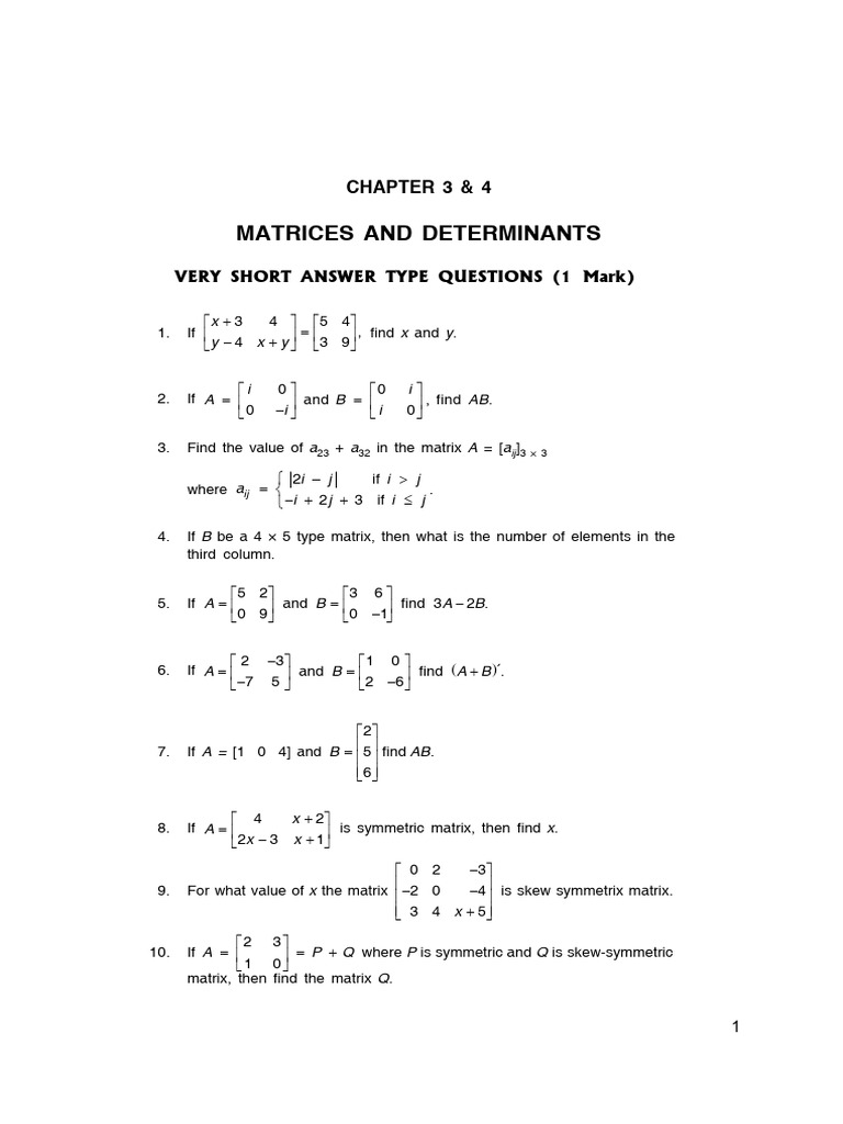 Class Xii Maths Marks Wise Important Questions Chapter 3 & 4 Matrices and Determinants | PDF ...