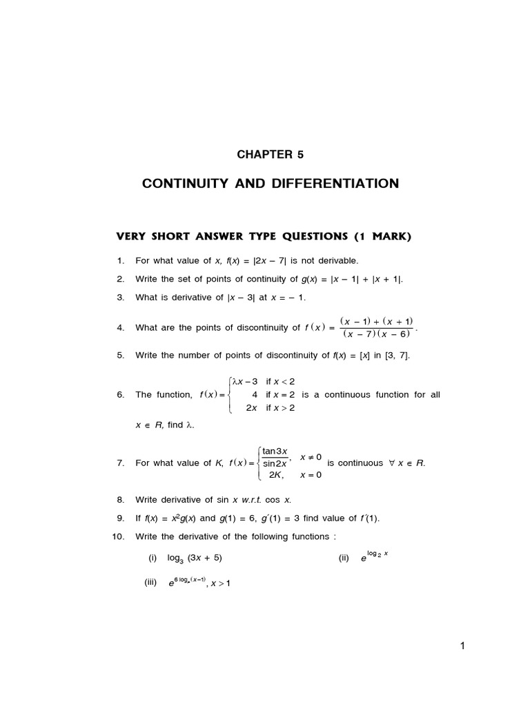 Class Xii Maths Marks Wise Important Questions Chapter 5 Continuity and Differentiation | PDF ...