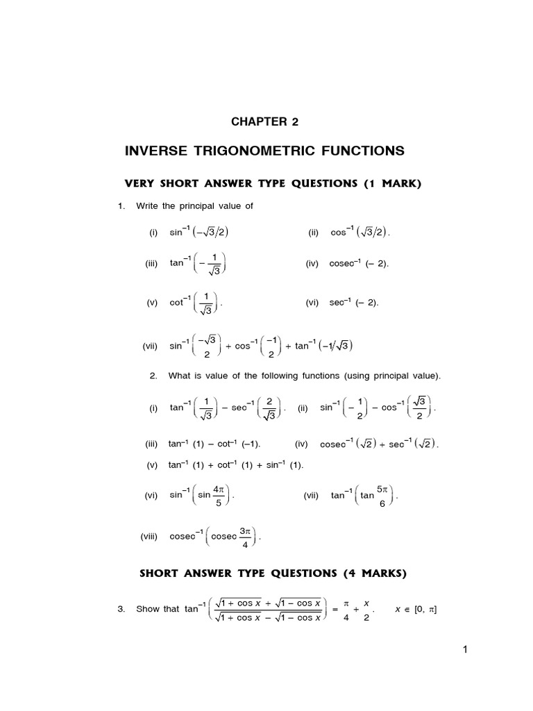Class Xii Maths Marks Wise Important Questions Chapter 2 Inverse Trigonometric Functions | PDF ...
