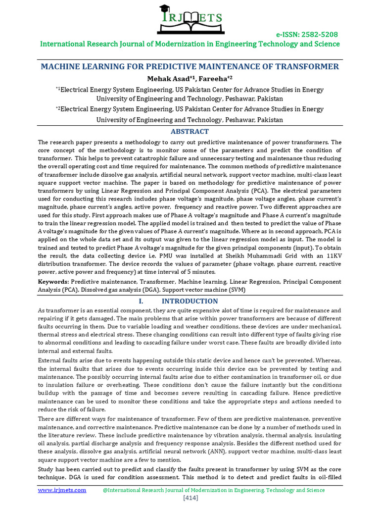 Machine Learning For Predictive Maintenance of Transformer | PDF ...
