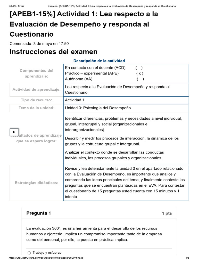 Examen - (APEB1-15%) Actividad 1 - Lea Respecto A La Evaluación de Desempeño y Responda Al ...