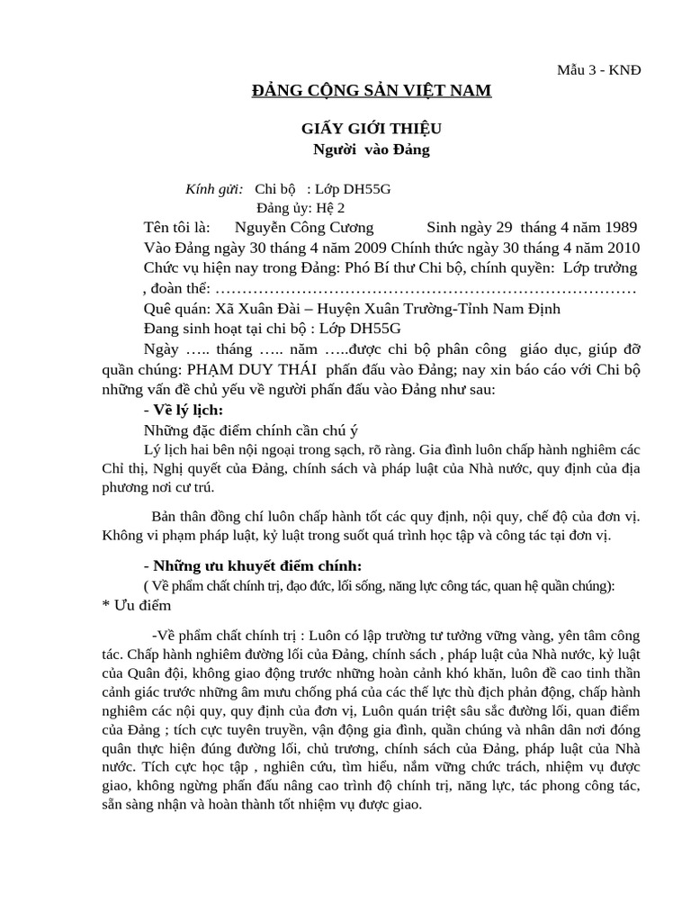 Giay Gioi Thieu Nguoi Uu Tu Vao Dang | PDF