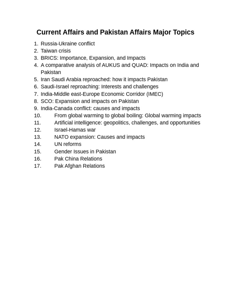 Current Affairs and Pak Affairs Topics | PDF