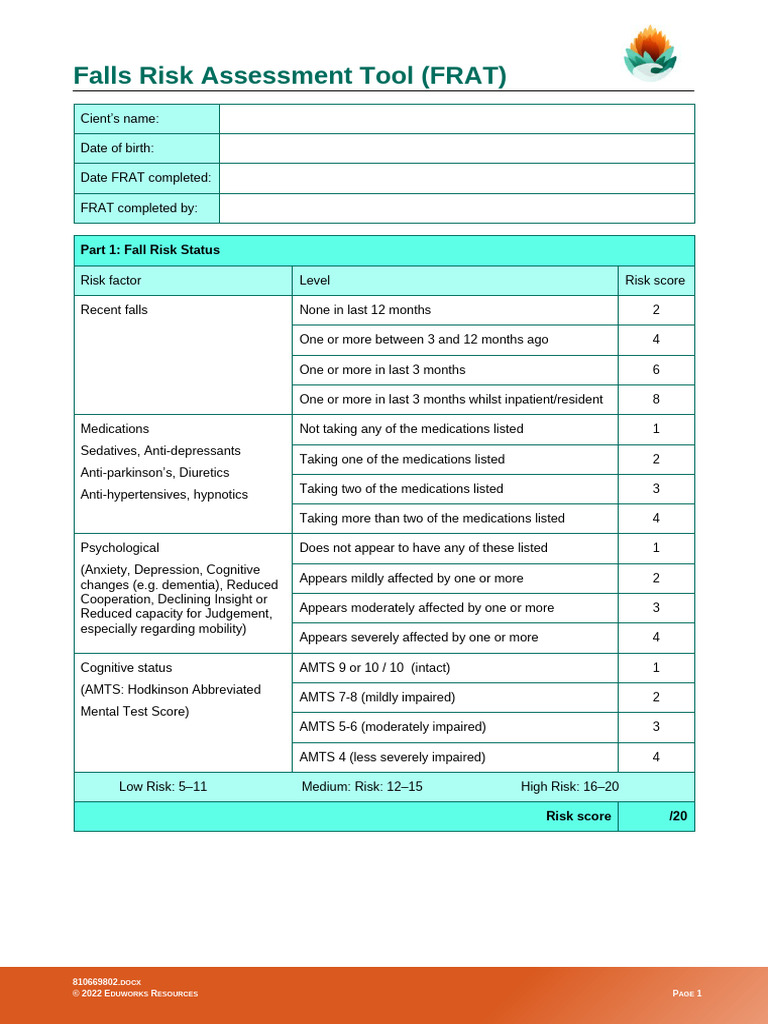 Banksia-SD-AP-T4-Falls-Risk-Assessment - FRAT | PDF | Risk | Dementia