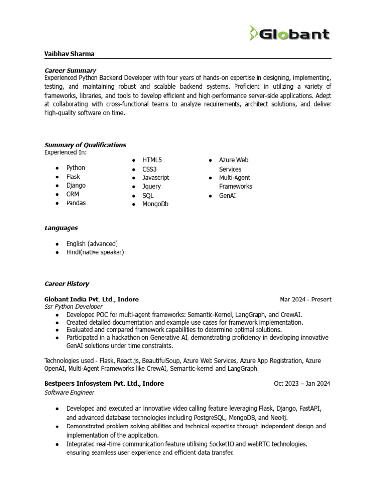 CV_Vaibhav_Sharma | PDF | Python (Programming Language) | Databases