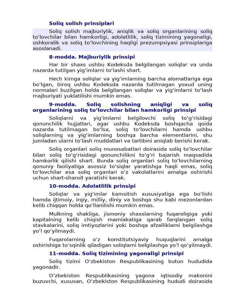 Soliq Solish Prinsiplari | PDF