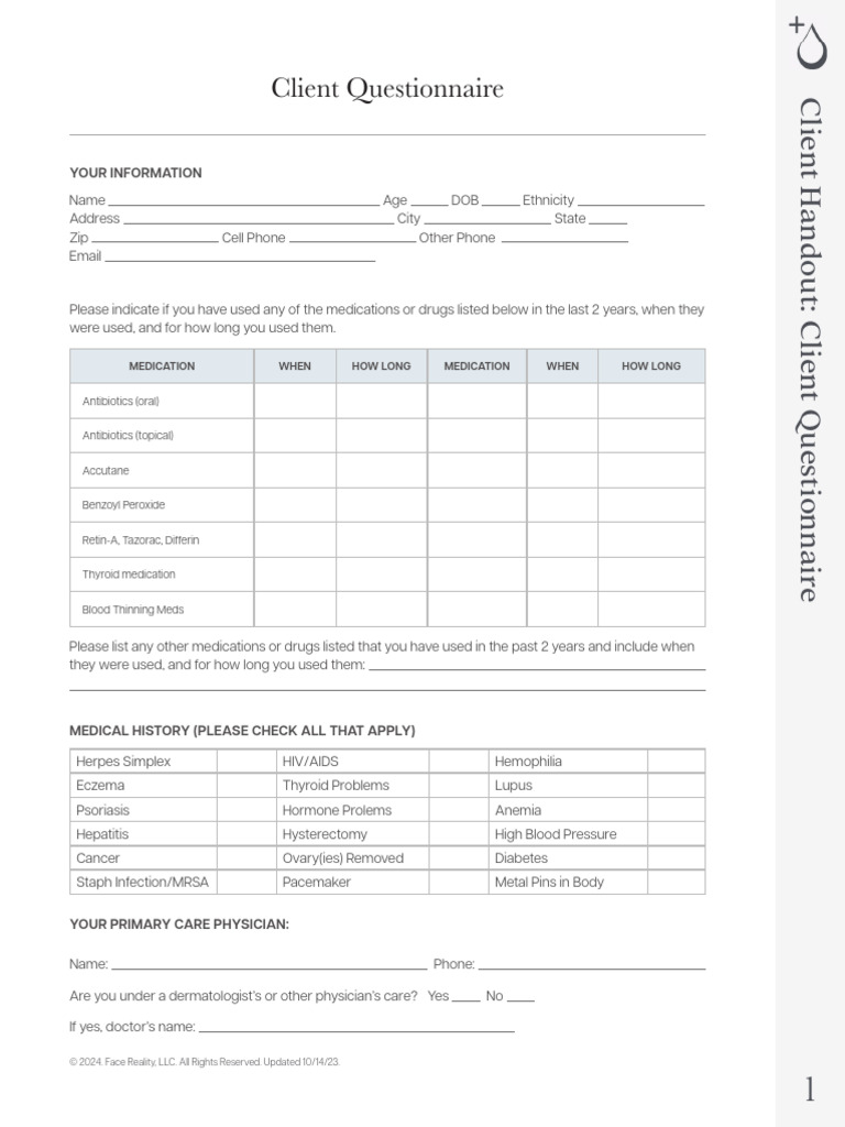 1-Client Questionnaire 07142023 | PDF | Skin Care | Foods