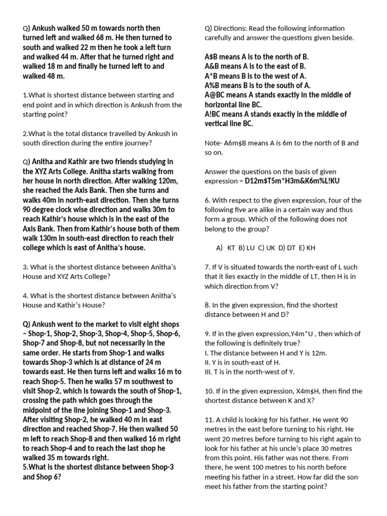 Direction and Distance Reasoning Exercises | PDF