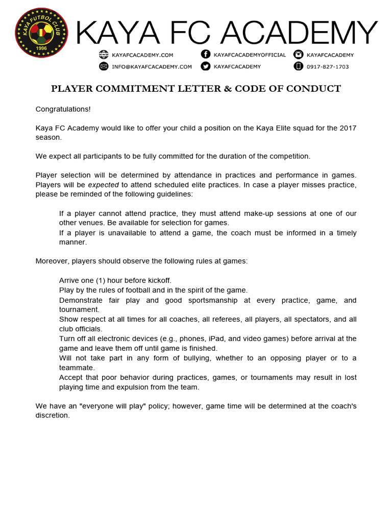 2017 Player Commitment Letter and Parental Code of Conduct For YFL and ...