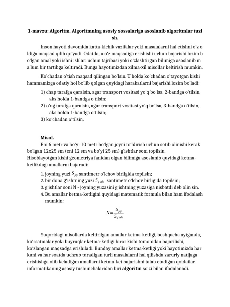 Algoritm. Algoritmning Asosiy Xossalariga Asoslanib Algoritmlar Tuzish ...