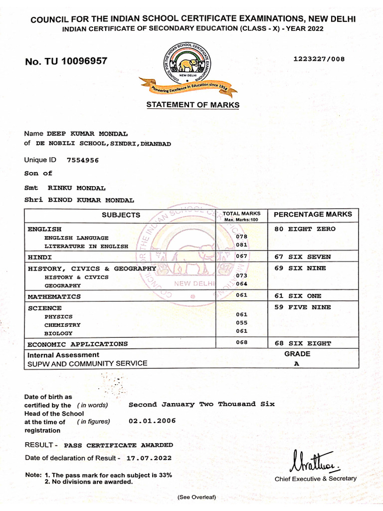 10 TH Marksheet | PDF
