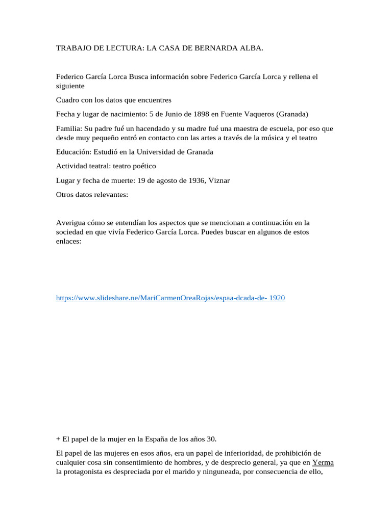 Trabajo La Casa de Bernarda Alba | PDF | Federico García Lorca