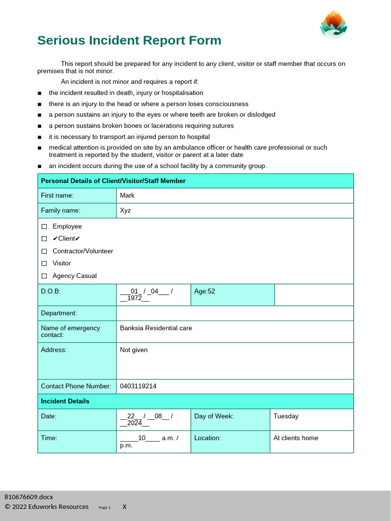 Banksia SD SE T2 Serious Incident Report Filled | PDF | Medical ...