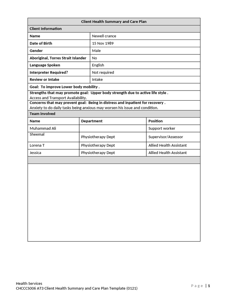 Newell Chcccs006 At3 Client Care Plan Template 0121 | PDF | Goal | Psychology