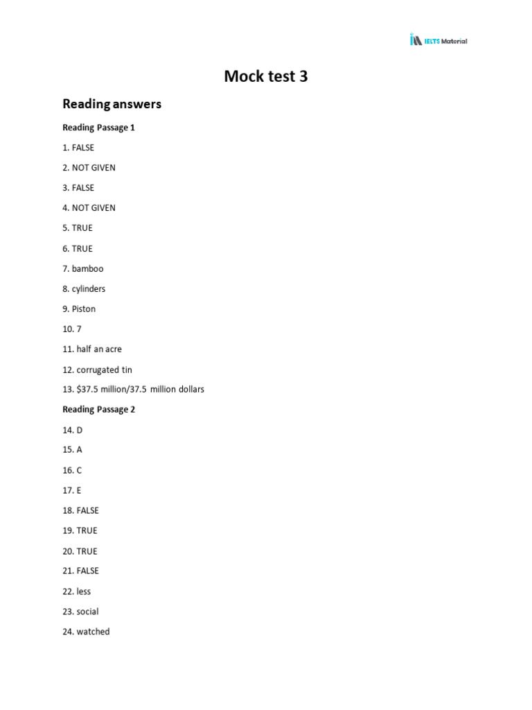 Mock Test 3 Reading Answers | PDF