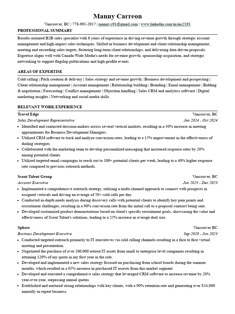 10.24 CV - Canada Wide Media | PDF | Sales | Employee Retention