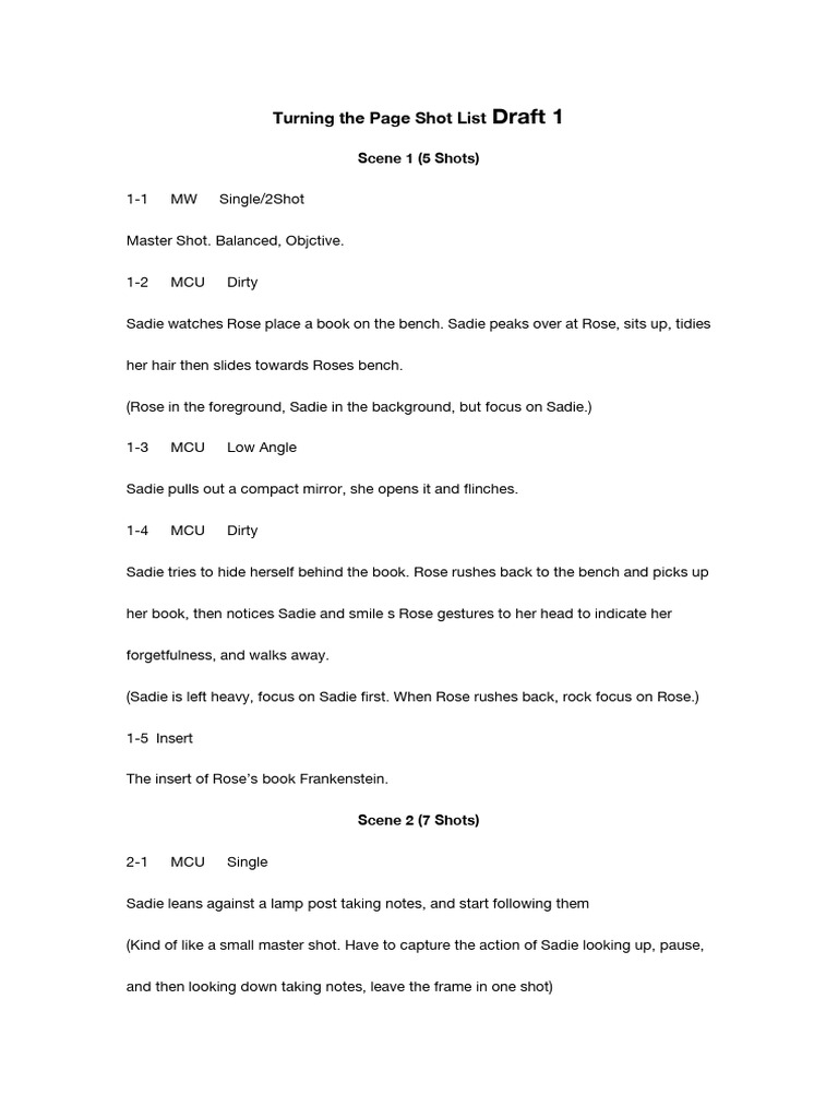 Turning The Page Shot List Draft 1 | PDF