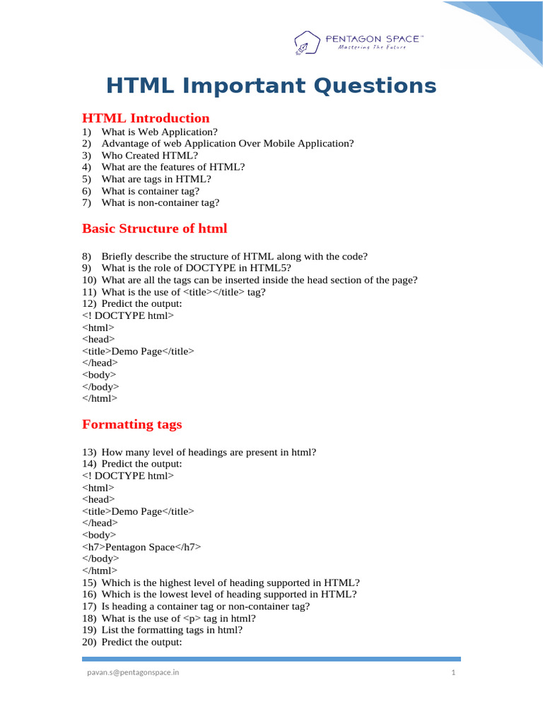 HTML Questions Topic Wise | PDF | Html Element | Html