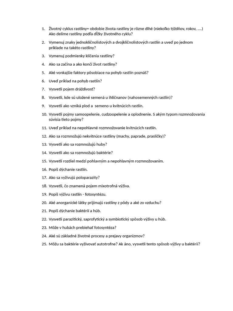 Å Ivotnã Cyklus Rastliny - Otã¡zky 8.A | PDF