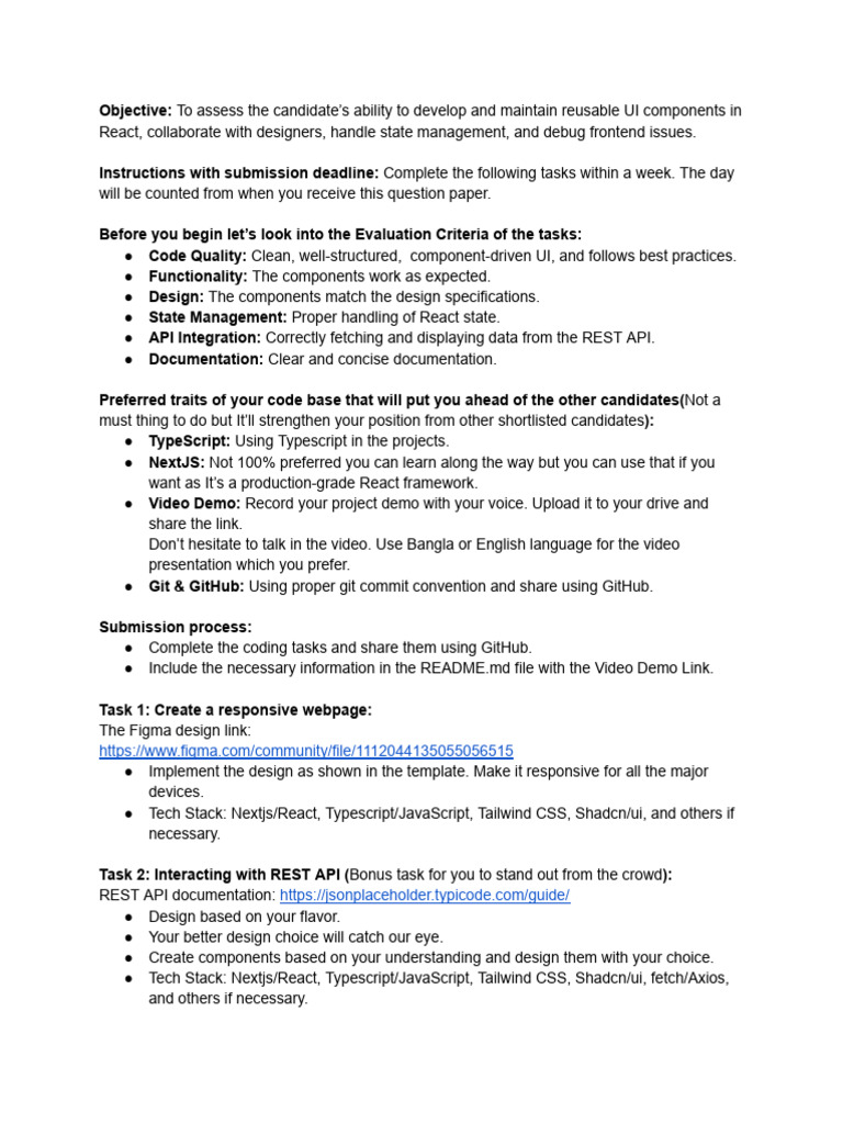 Assignments For Frontend Component Developer Intern | PDF