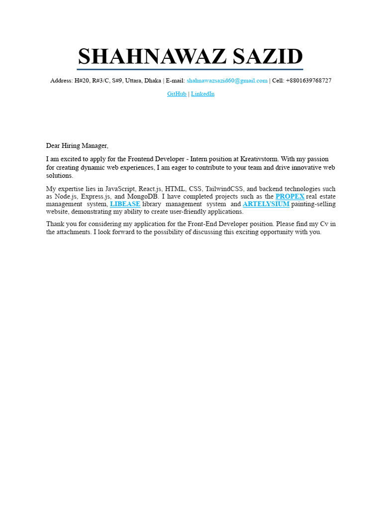 Shahnawaz Sazid Cover Letter | PDF | Career & Growth