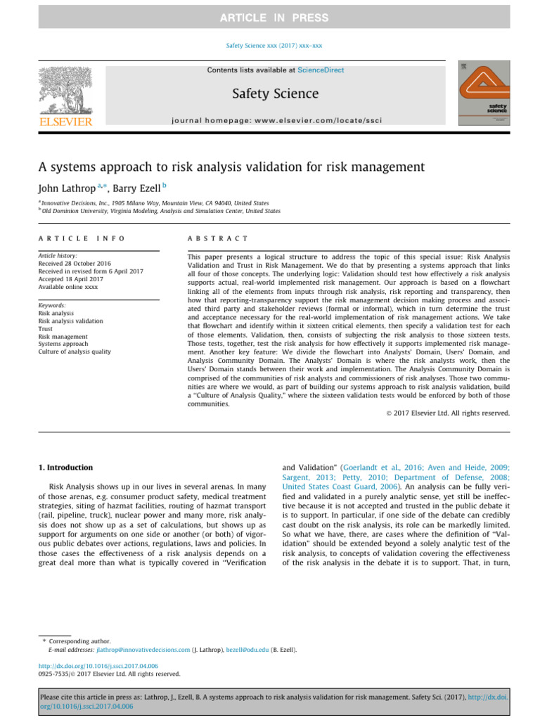 (2017) A Systems Approach To Risk Analysis Validation For Risk Management | PDF | Risk | Risk ...