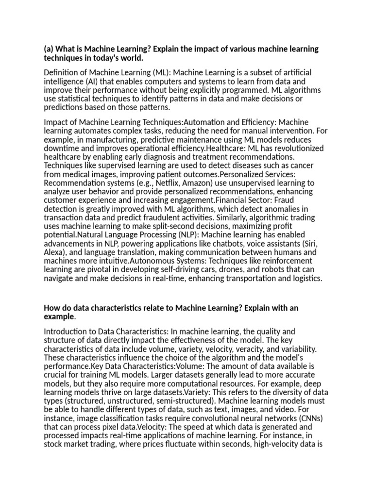 (A) What Is Machine Learning? Explain The Impact of Various Machine Learning Techniques in Today ...