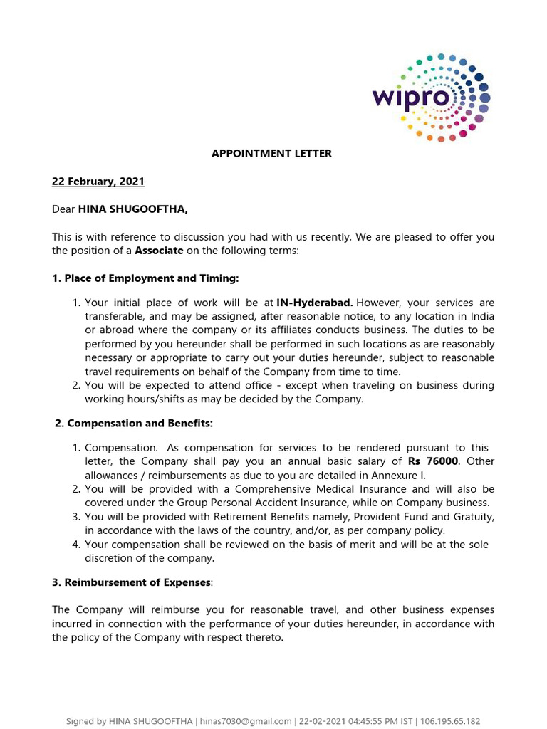 Wipro Appointment Letter | PDF | Legal Remedy | Employment