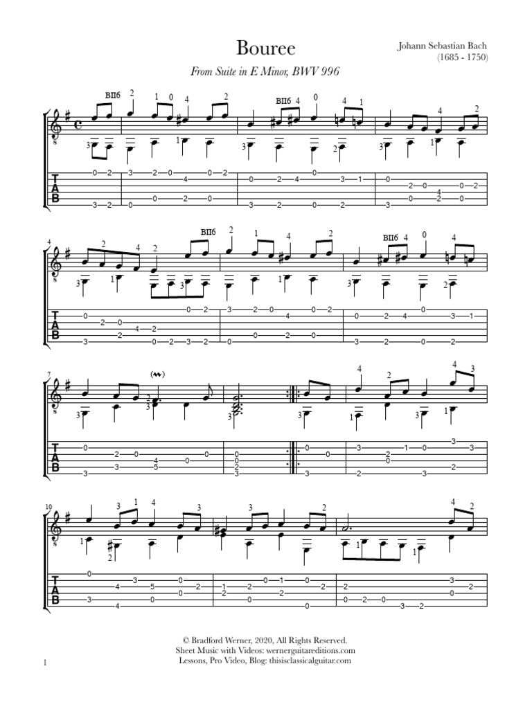 Bach Bourree BWV996 TAB | PDF | Choral Music | Johann Sebastian Bach