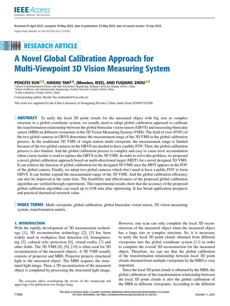 A Novel Global Calibration Approach For Multi-Viewpoint 3D Vision Measuring System | PDF | Field ...