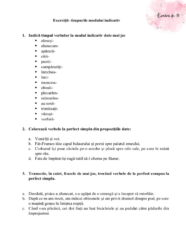 Exerciții Modul Indicativ | PDF