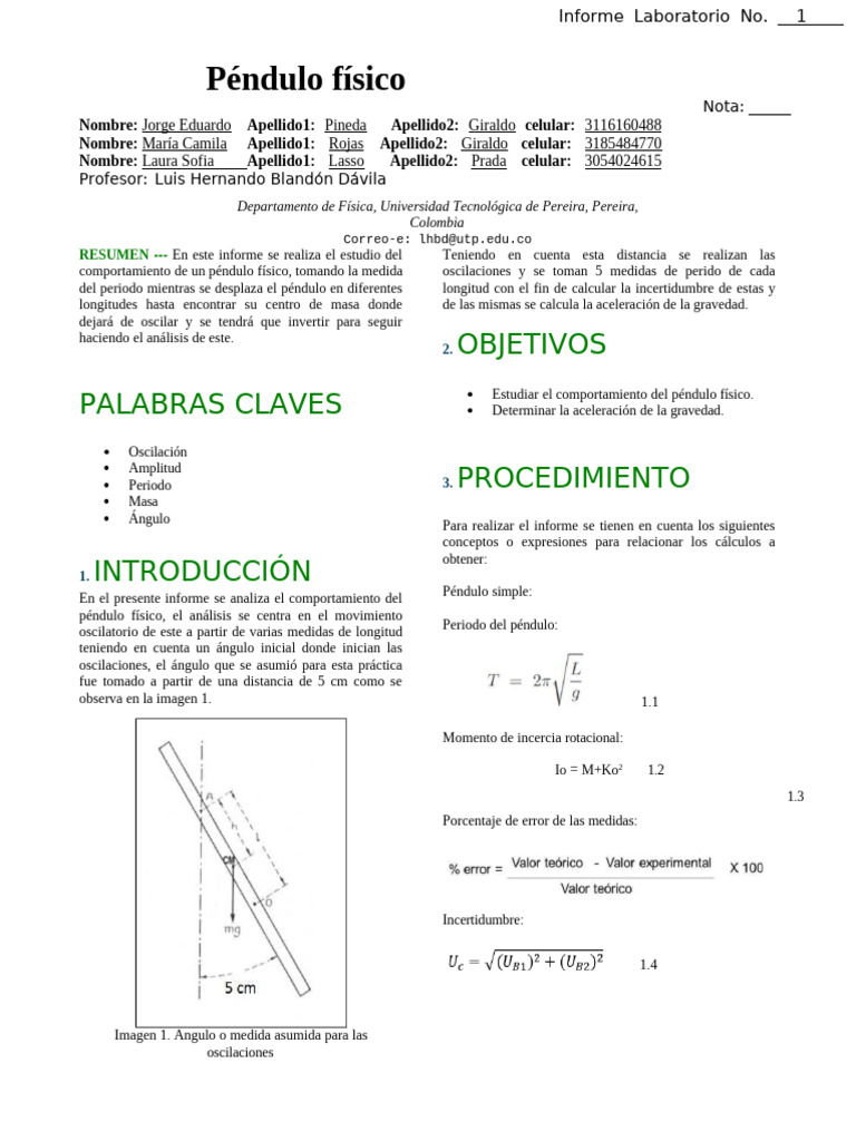 Informe Péndulo Físico | PDF | Péndulo | Masa
