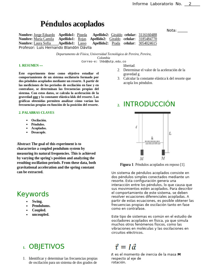 Informe Péndulos Acoplados | PDF | Oscilación | Olas