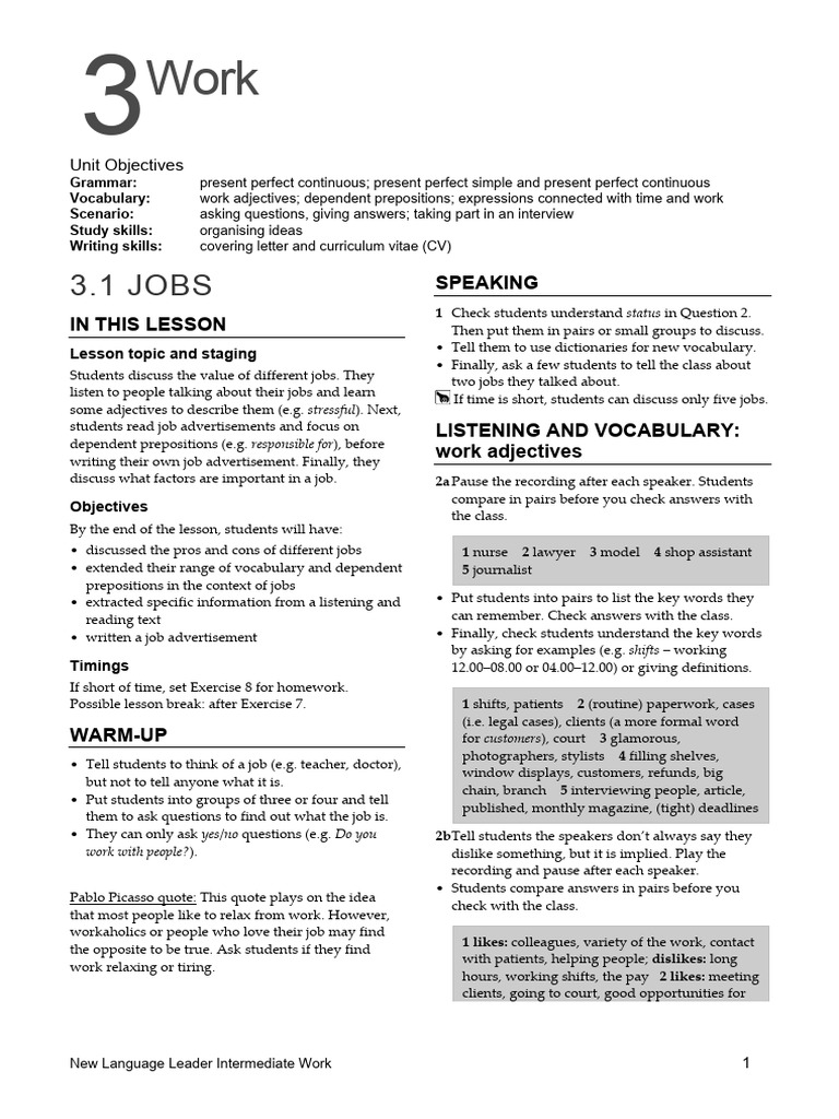 Teachers_Notes_U03 | PDF | Job Interview | Vocabulary