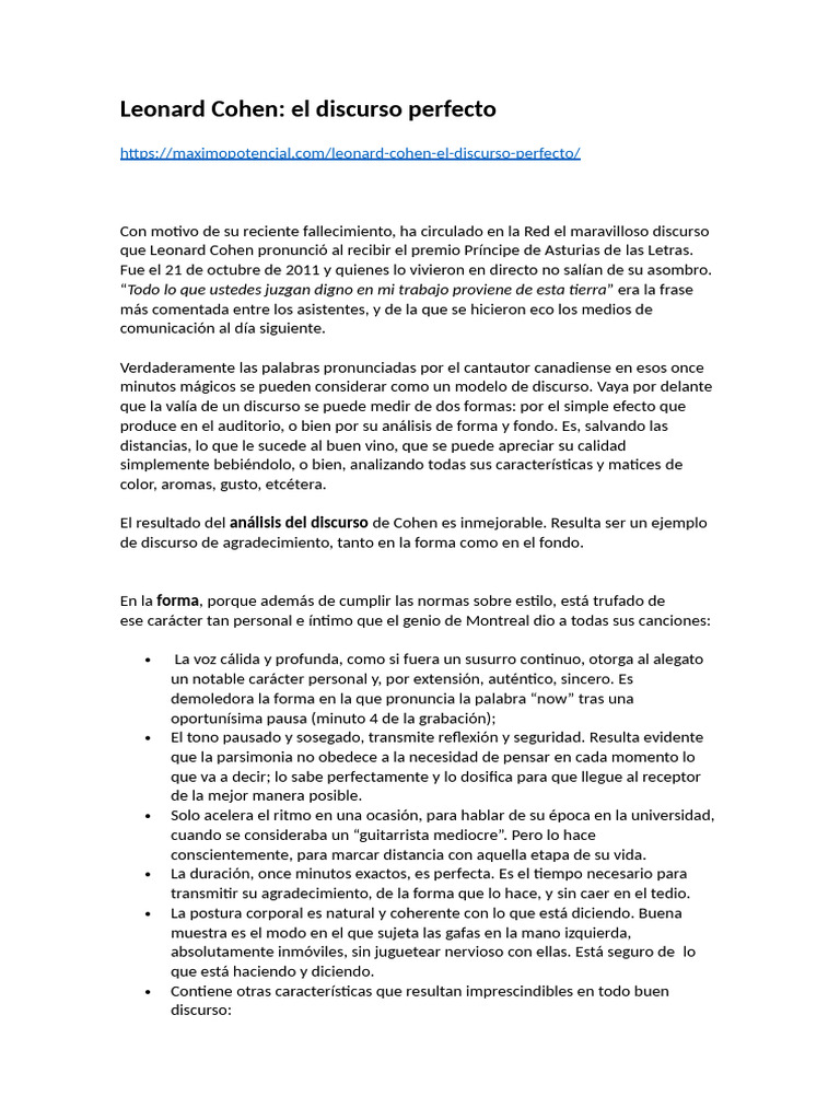 Leonard Cohen El Discurso Perfecto | PDF | Hablar en público | Federico García Lorca