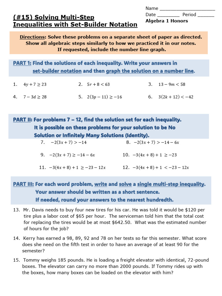 HWK - 15 - Alg1Hon - Unit 2B - Inequalities With Set-Builder Notation, Word Probs (2024) | PDF ...