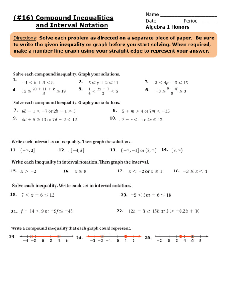 HWK - 16 - Alg1Hon - Unit 2B - Compound Inequalities, Interval Notation ...
