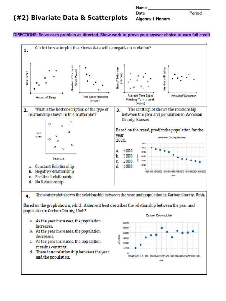 HWK - 2 - Alg1Hon - Unit 1 - Bivariate Data and Scatterplots (2024) | PDF | Teaching Methods ...