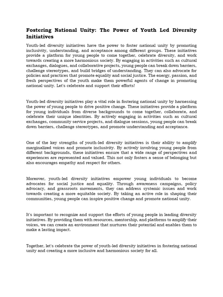 Fostering National Unity The Power of Youth Led Diversity Initiatives ...