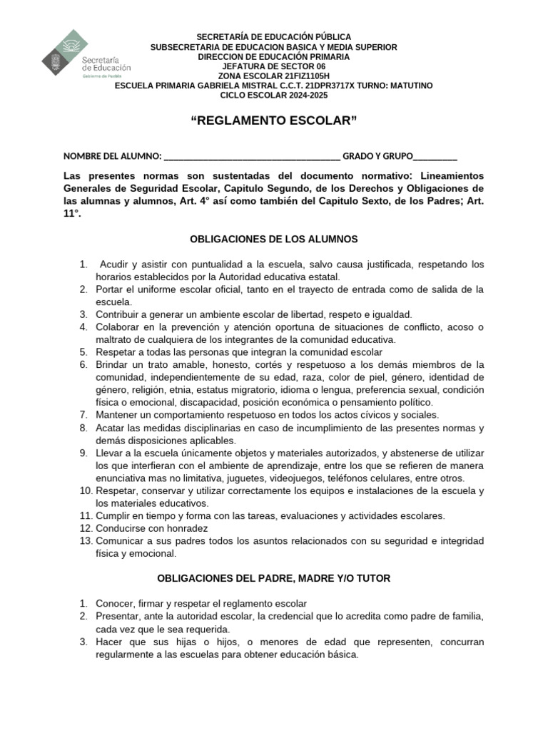 Reglamento Escolar Primaria Mistral | PDF | Escuelas | Educación primaria
