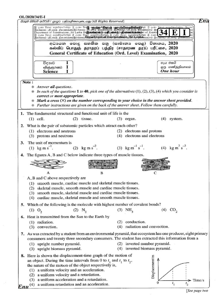 2020 O - L Science Past Paper and Answers - English Medium | PDF