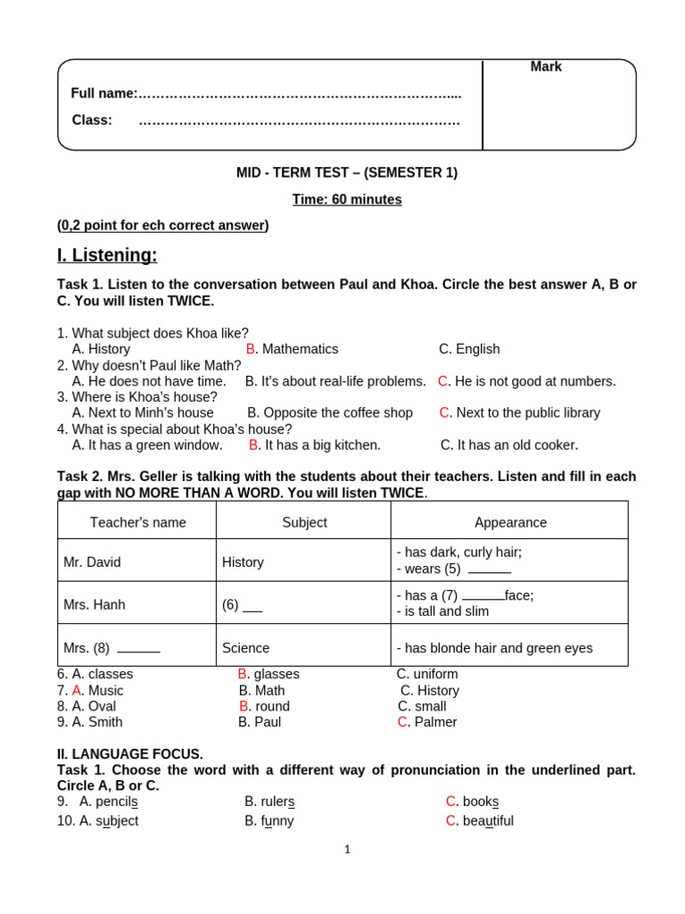 Grade 6 Mid-Term English Test | PDF
