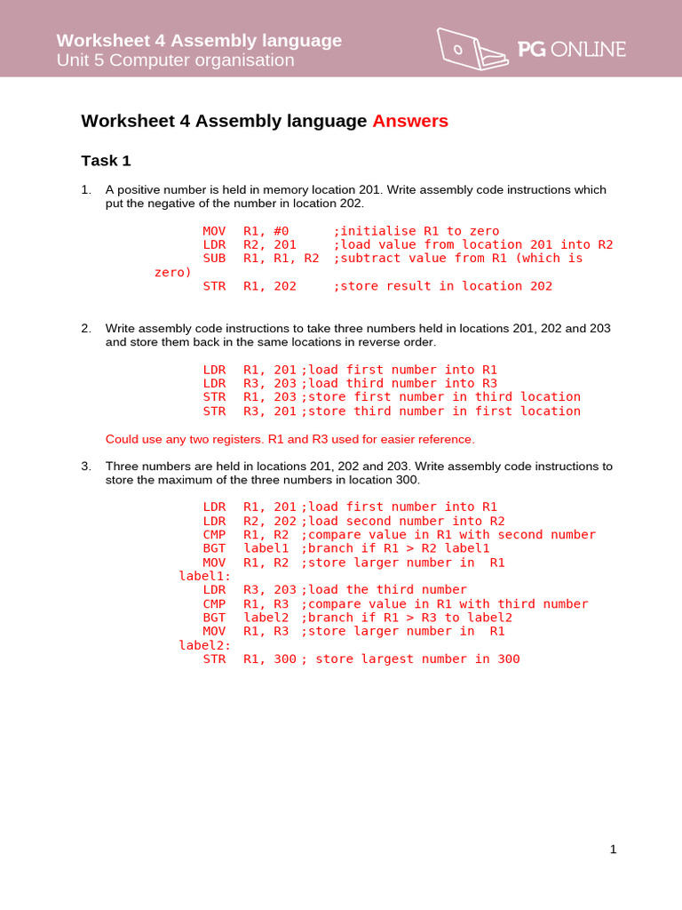 Computer Organisation Worksheet 4 Answers | PDF | Assembly Language | Office Equipment