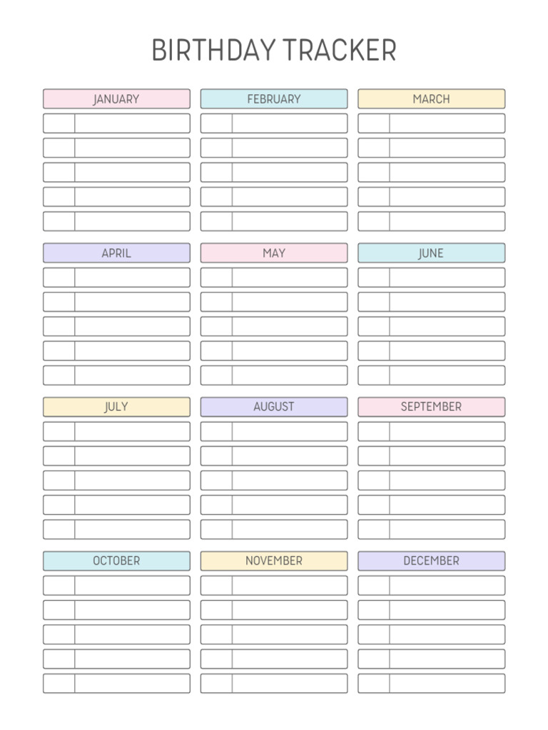 Birthday Tracker Us Letter Fillable | PDF