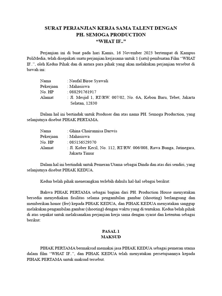 SURAT PERJANJIAN KERJA SAMA TALENT - IBU INGGIT (What if.. - SHORT ... SURAT PERJANJIAN KERJA SAMA TALENT - IBU INGGIT (What if.. - SHORT ...