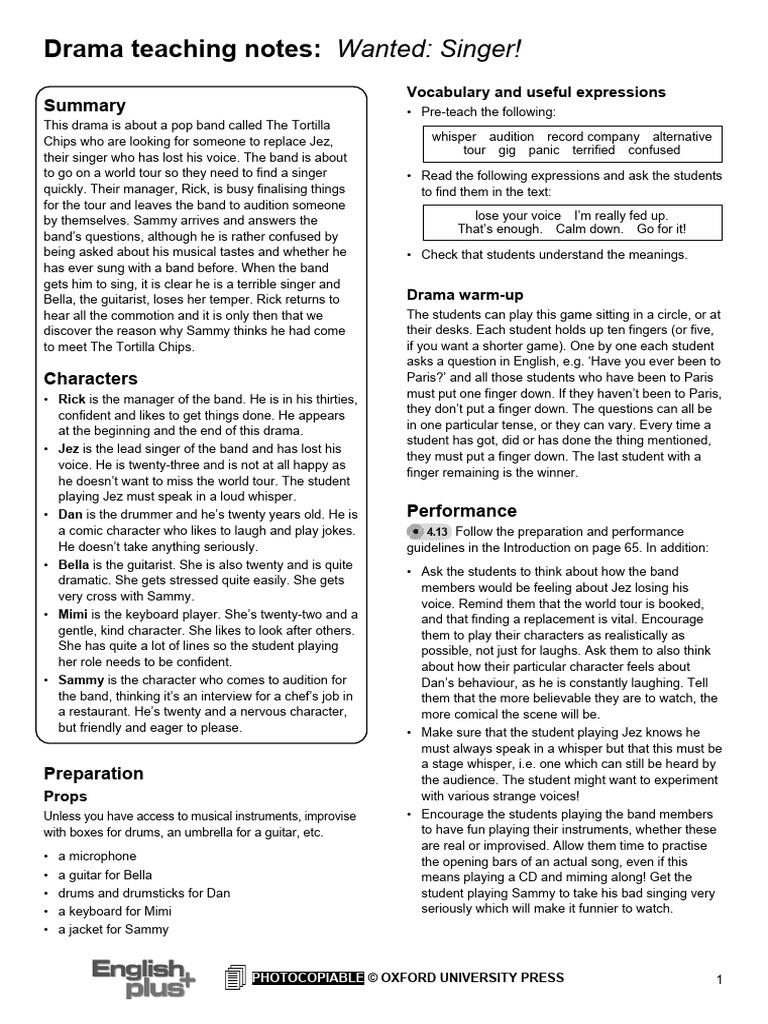 Drama Teaching Notes Wanted Singer | PDF