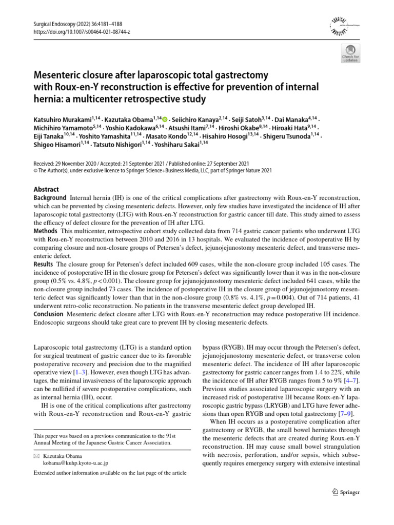 s00464-021-08744-z Mesenteric Close | PDF | Gastroenterology ...