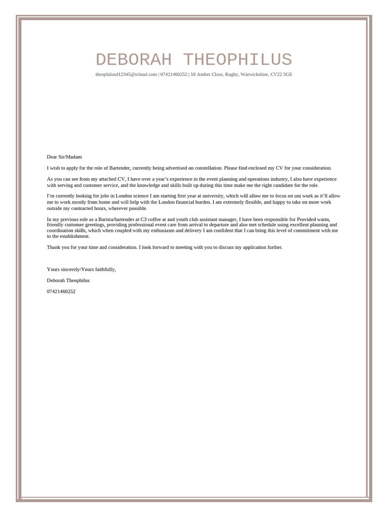 Deborah Cover Letter | PDF | Career & Growth